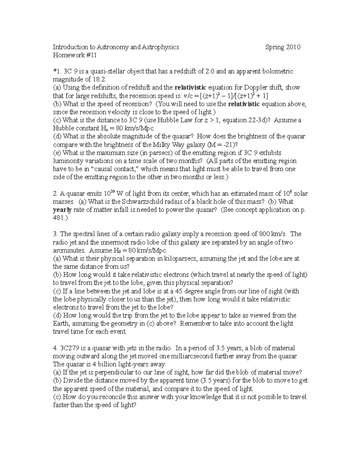 Homework 11 - Introduction to Astronomy and Astrophysics Spring 2010 ...