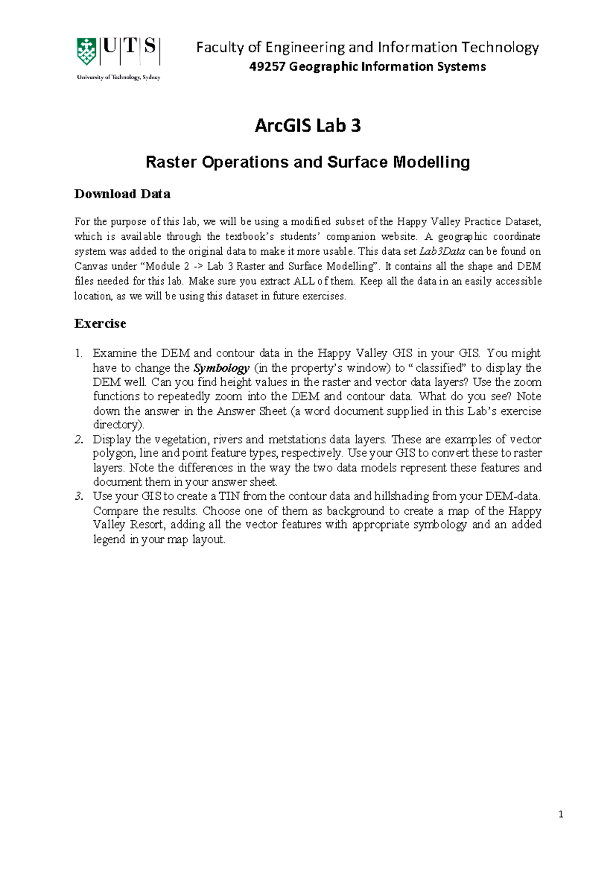 Lab3 Raster Surface Modelling - Faculty of Engineering and Information ...
