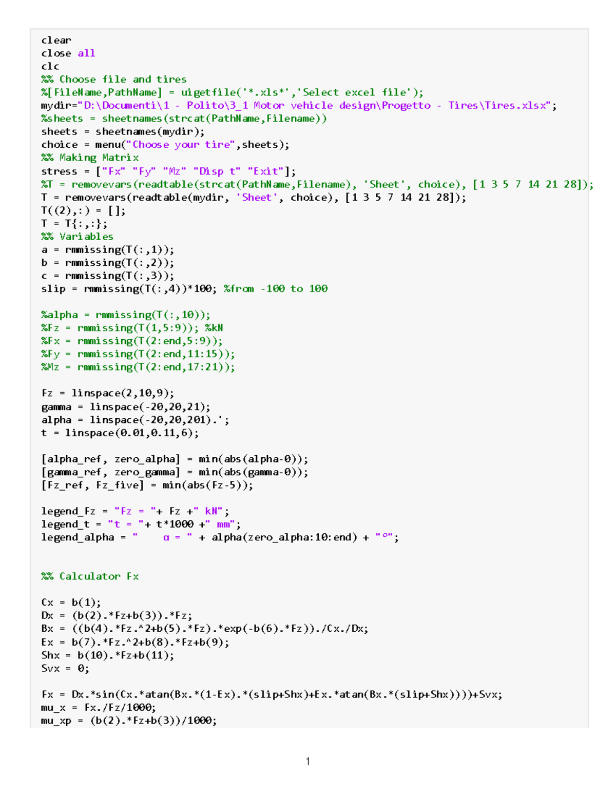 Project 1 any Tire - clear close all clc %% Choose file and tires ...