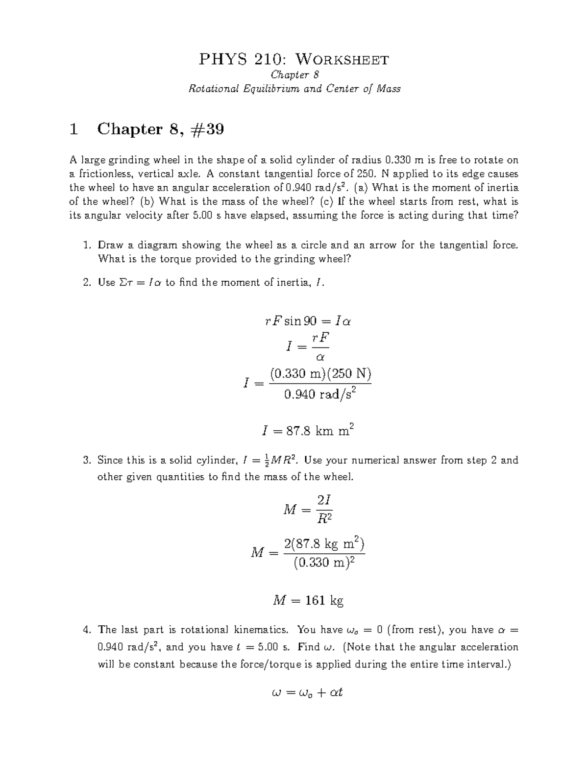 C8 Worksheet 3s - PHYS 210: Worksheet Chapter 8 Rotational Equilibrium ...