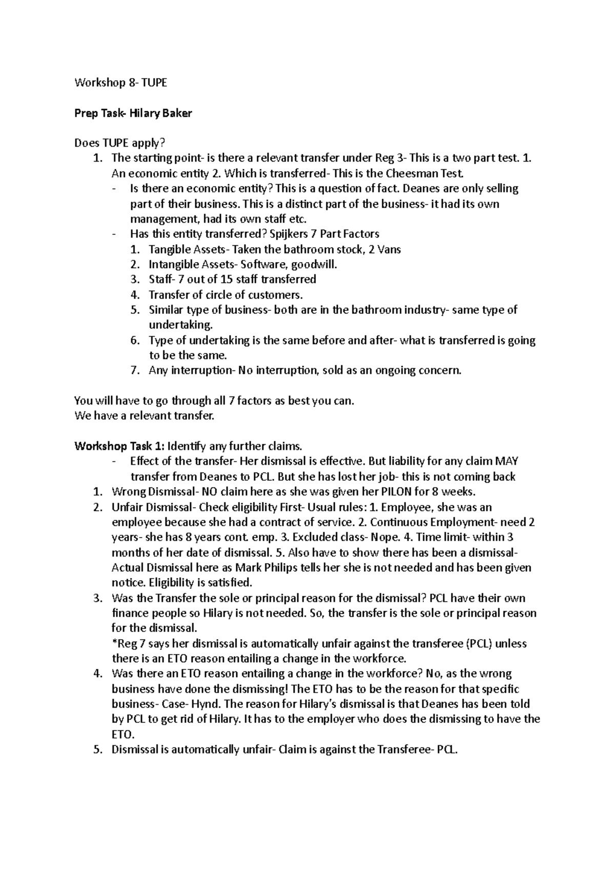 Workshop 8- TUPE- Own notes - Workshop 8- TUPE Prep Task- Hilary Baker ...