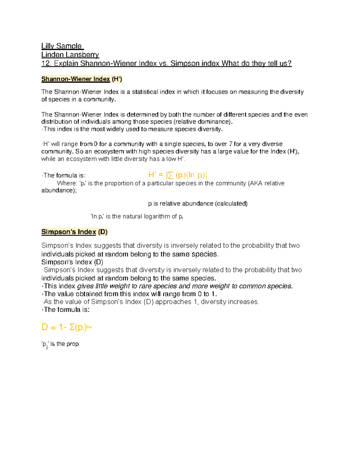 Simpson vs Shannon-Weiner Index - Lilly Sample Linden Lansberry 12 ...