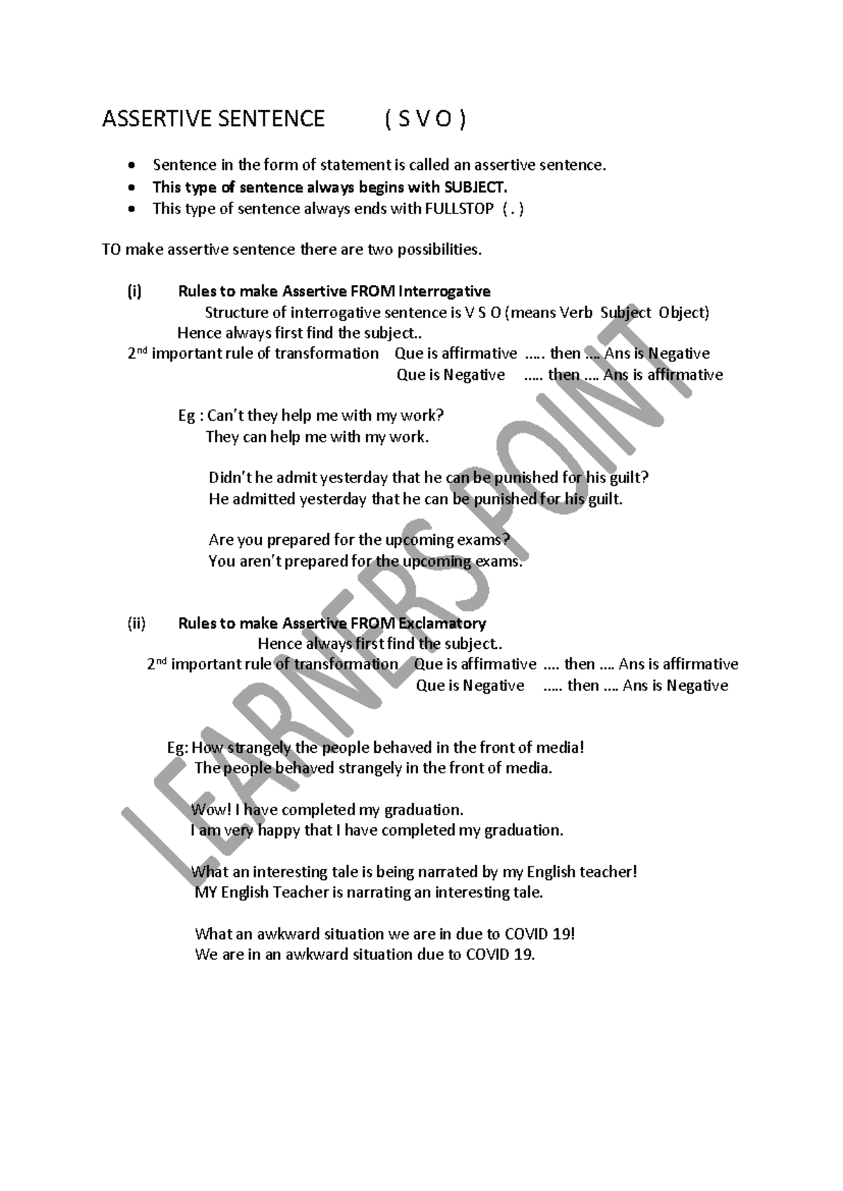 Assertive rules & assgn-combined - ASSERTIVE SENTENCE ( S V O ...