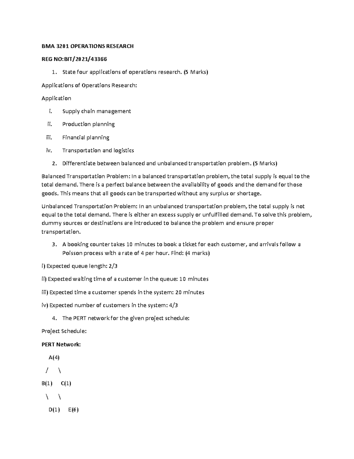BMA 3201 Operations Research - BMA 3201 OPERATIONS RESEARCH REG NO:BIT ...