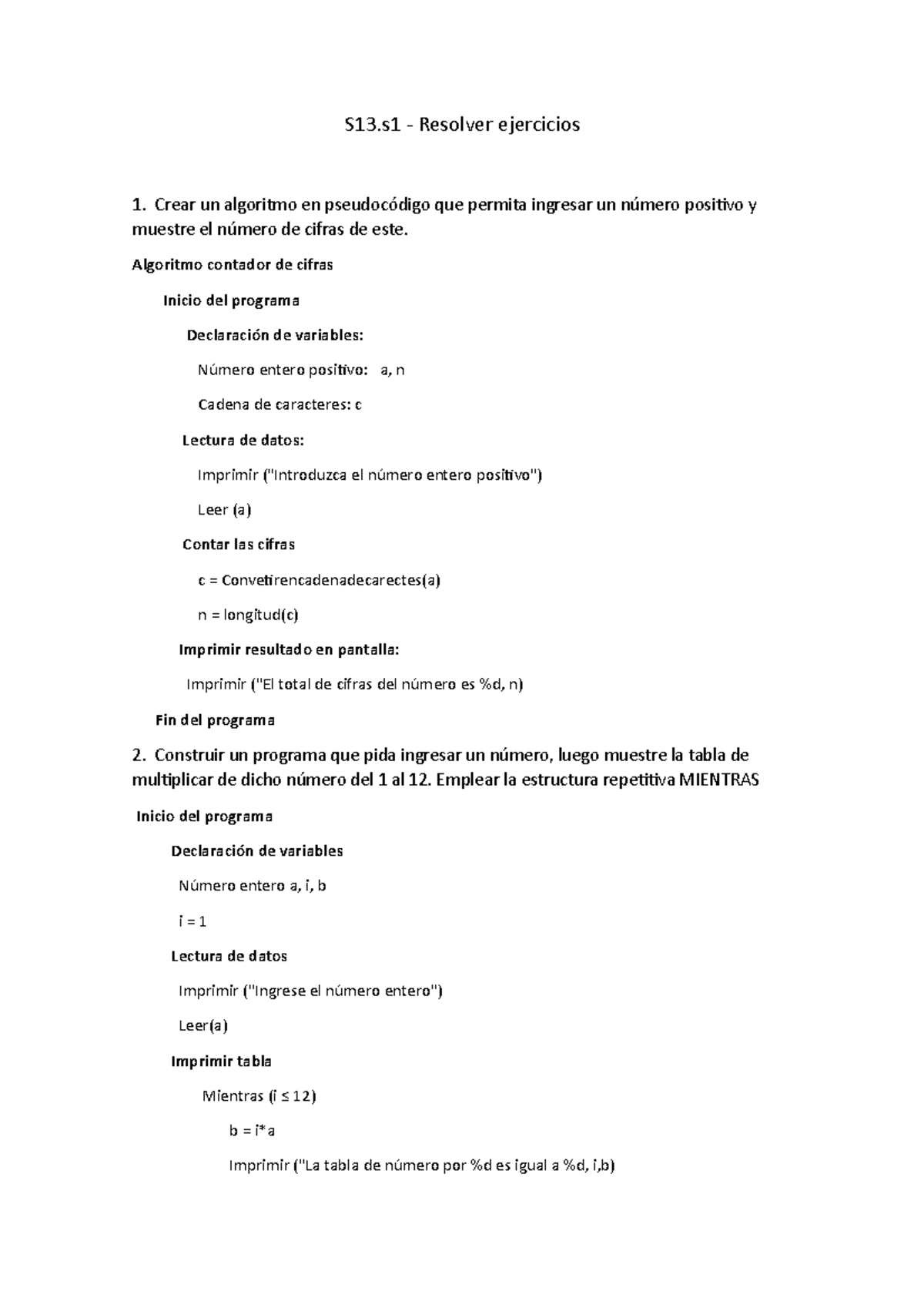 Trabajo de algoritmos Separata de trabajo 13 - S13 - Resolver ejercicios Crear un algoritmo en ...