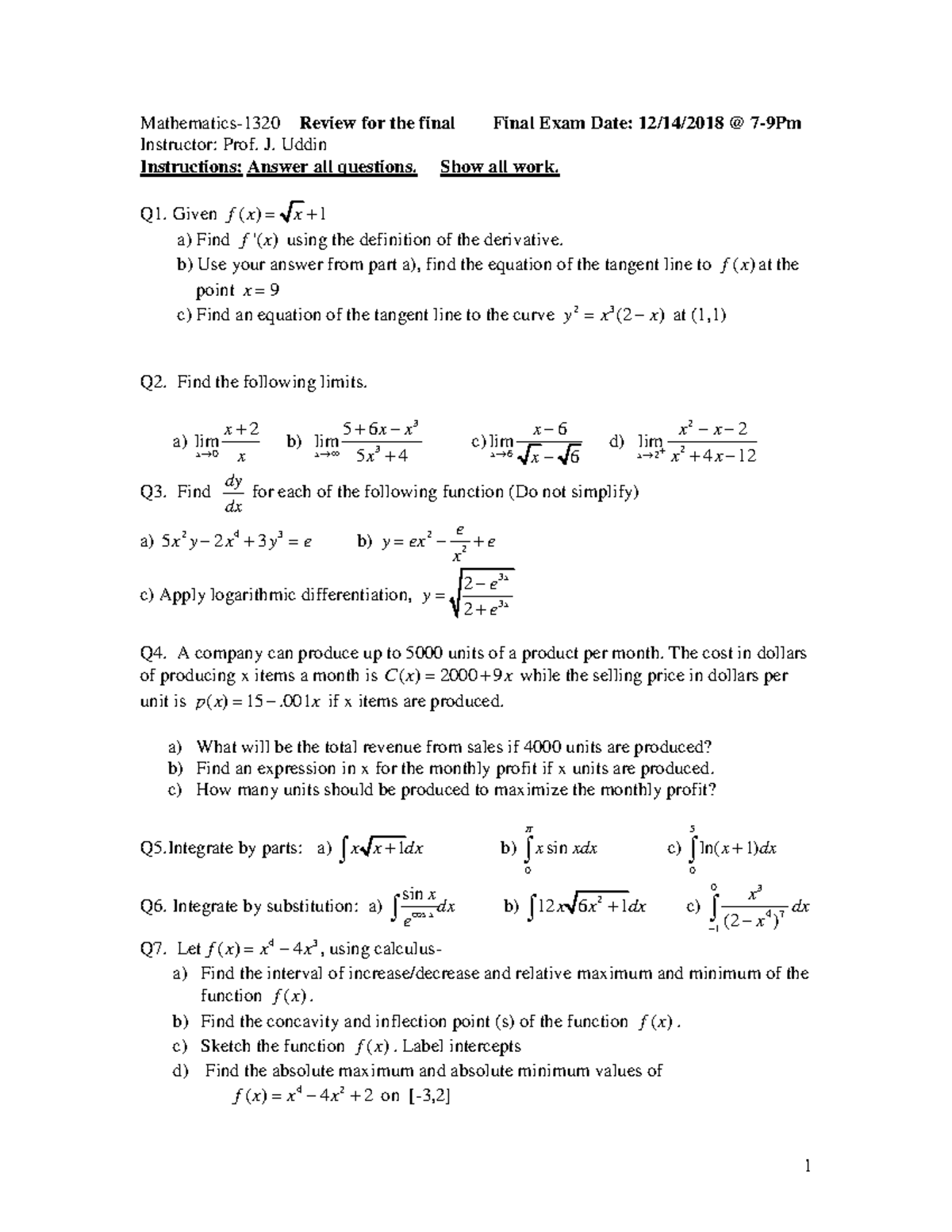 Review for final - PRACTICE QUESTIONS FOR EXAM - 1 Mathematics-1320 ...