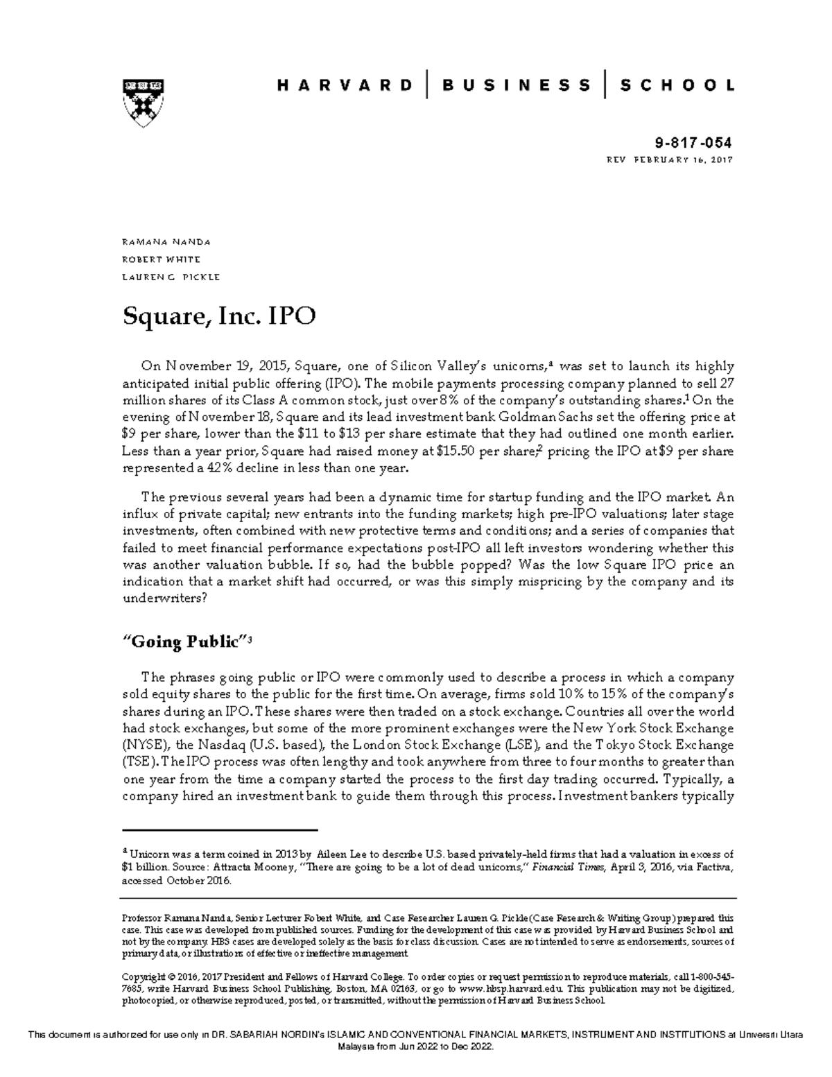 Square, Inc. IPO - assignmnet - 9 - 8 1 7 - 0 5 4 R E V : F E B R U A R ...