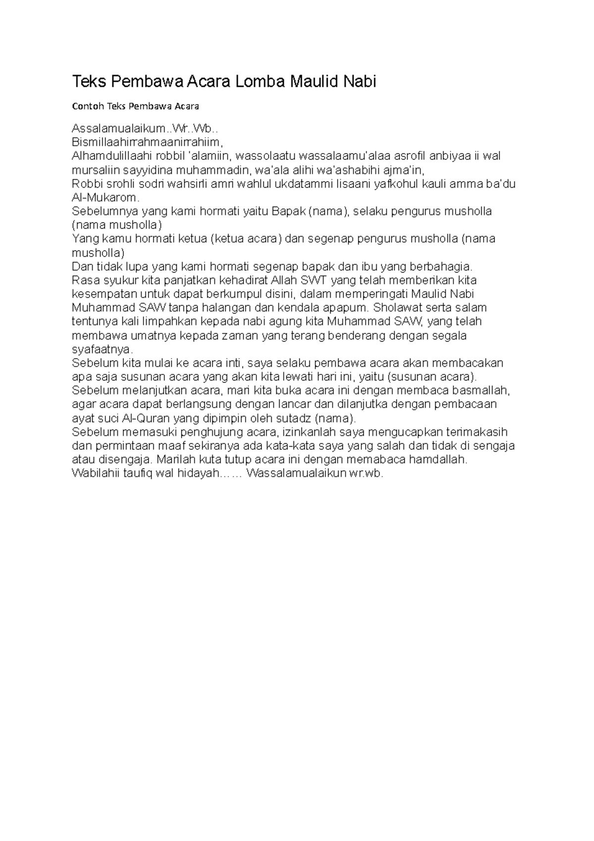 Teks pembuka maulid nabi - Teks Pembawa Acara Lomba Maulid Nabi Contoh ...