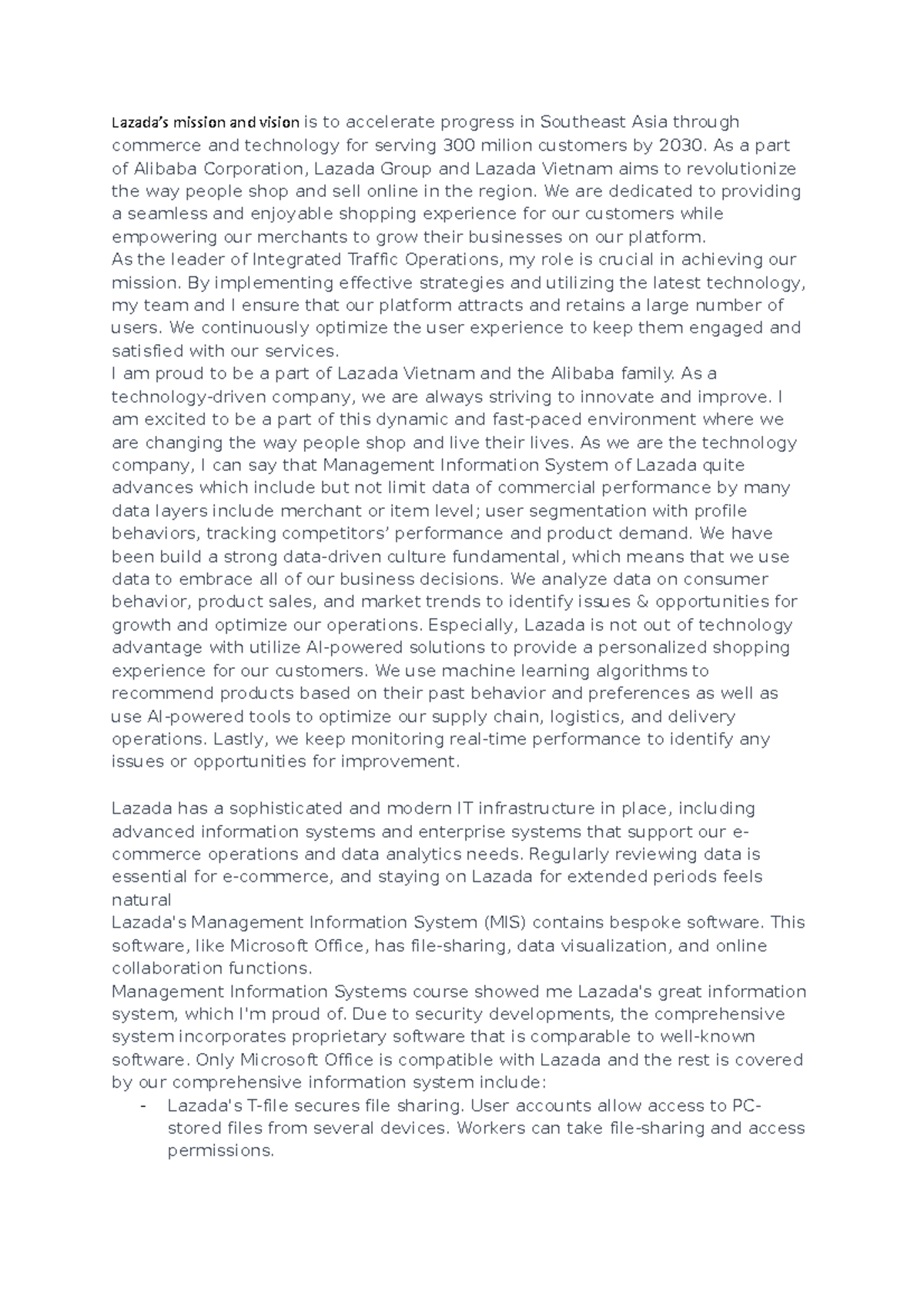 MIS Individual Assignment - Lazada’s mission and vision is to accelerate progress in Southeast ...