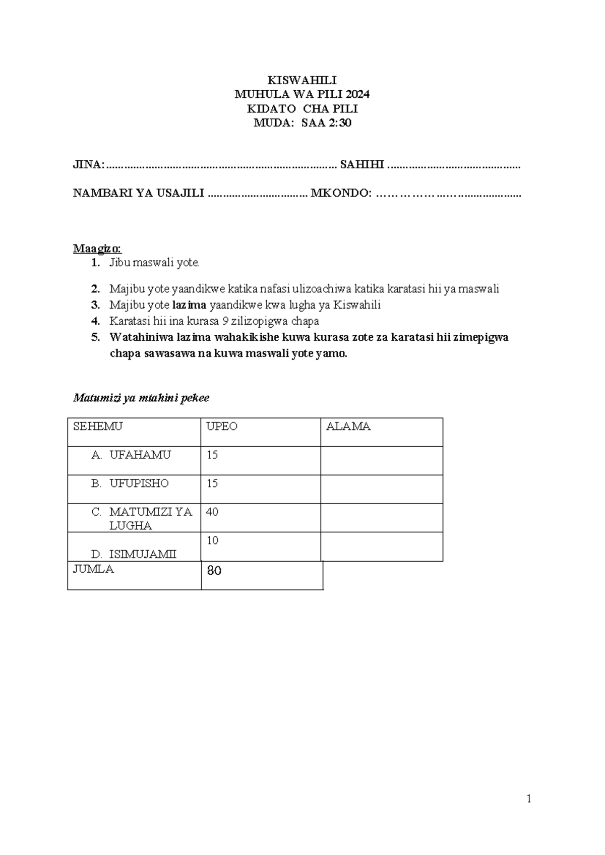 KIS F2 QS - Useful in revision - KISWAHILI MUHULA WA PILI 2024 KIDATO CHA PILI MUDA: SAA 2 ...