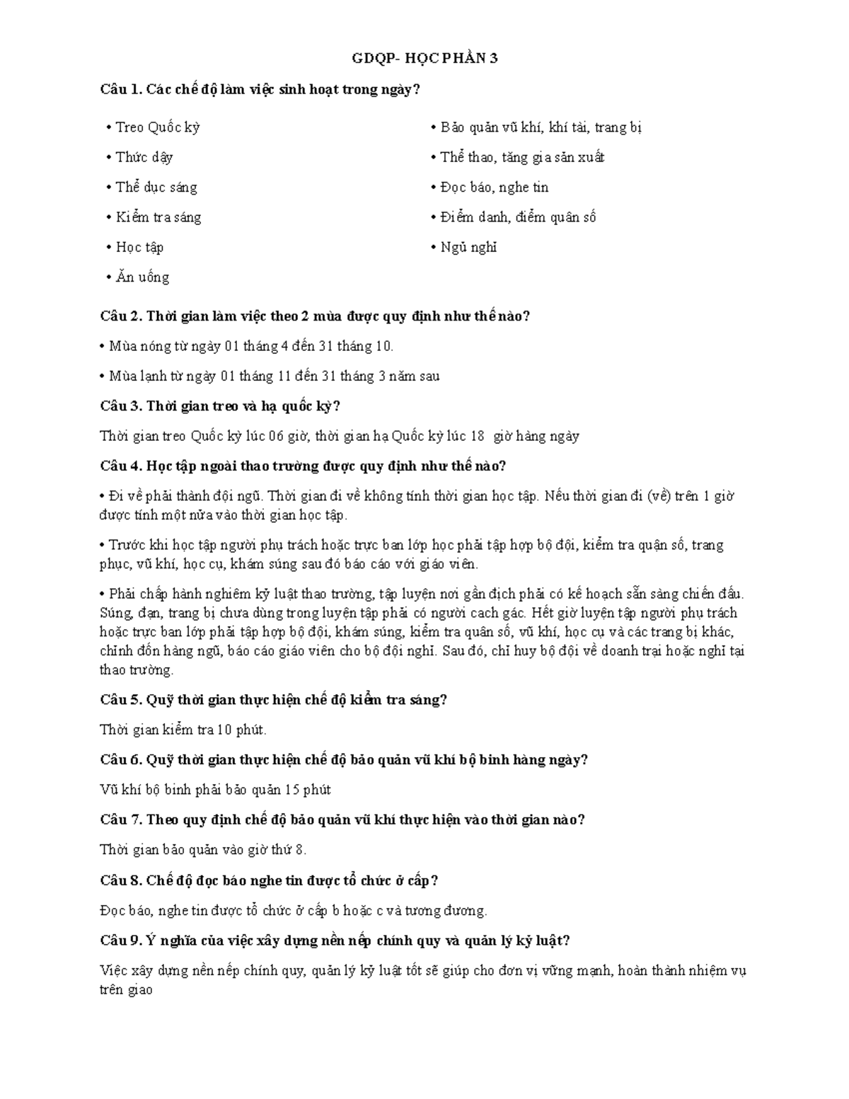 Học phần 3 1 - Quân sự - GDQP- HỌC PHẦN 3 Câu 1. Các chế độ làm việc sinh hoạt trong ngày? Treo ...