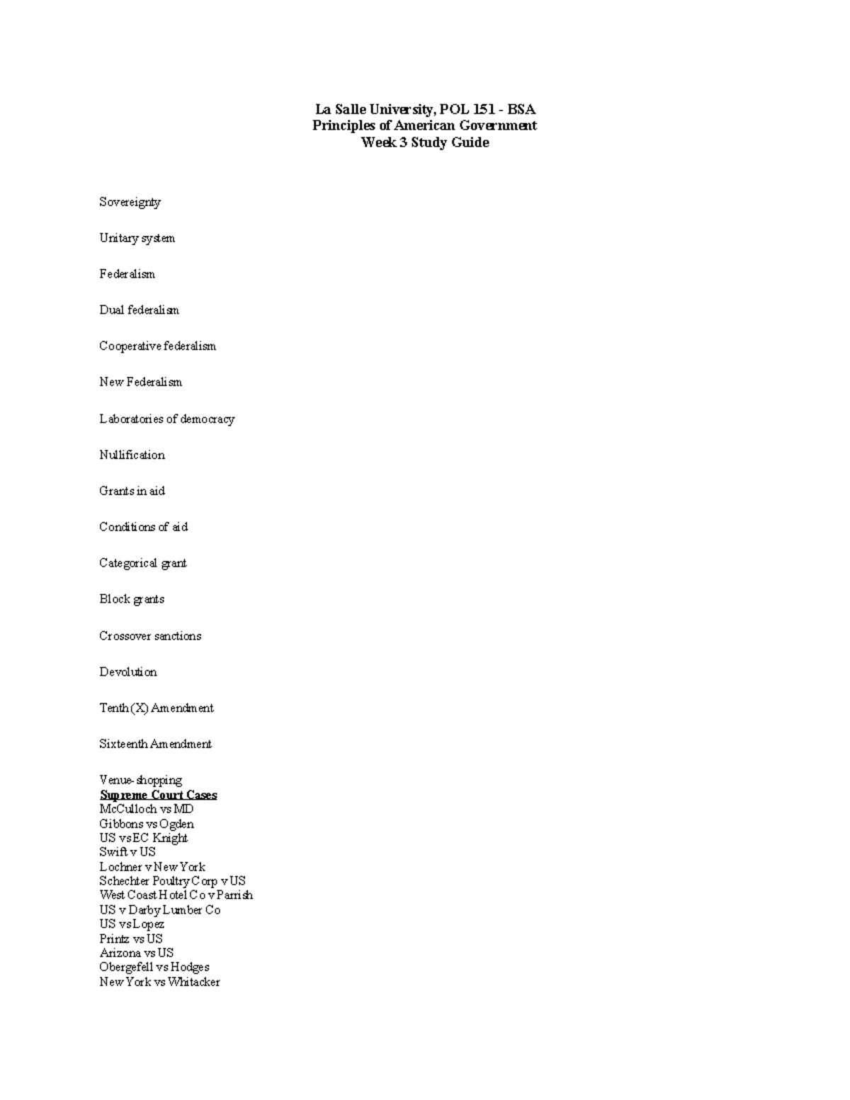 Study guide 3 - La Salle University, POL 151 - BSA Principles of ...