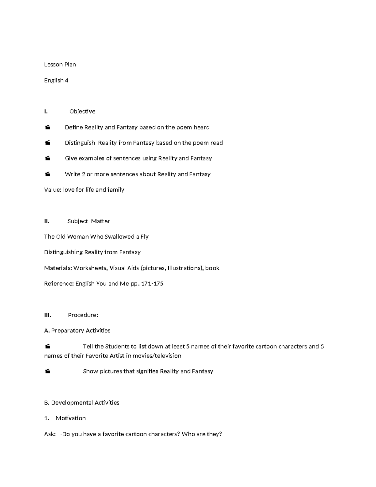 Lesson PLAN Grade IV Reality AND Fantasy - Lesson Plan English 4 I ...