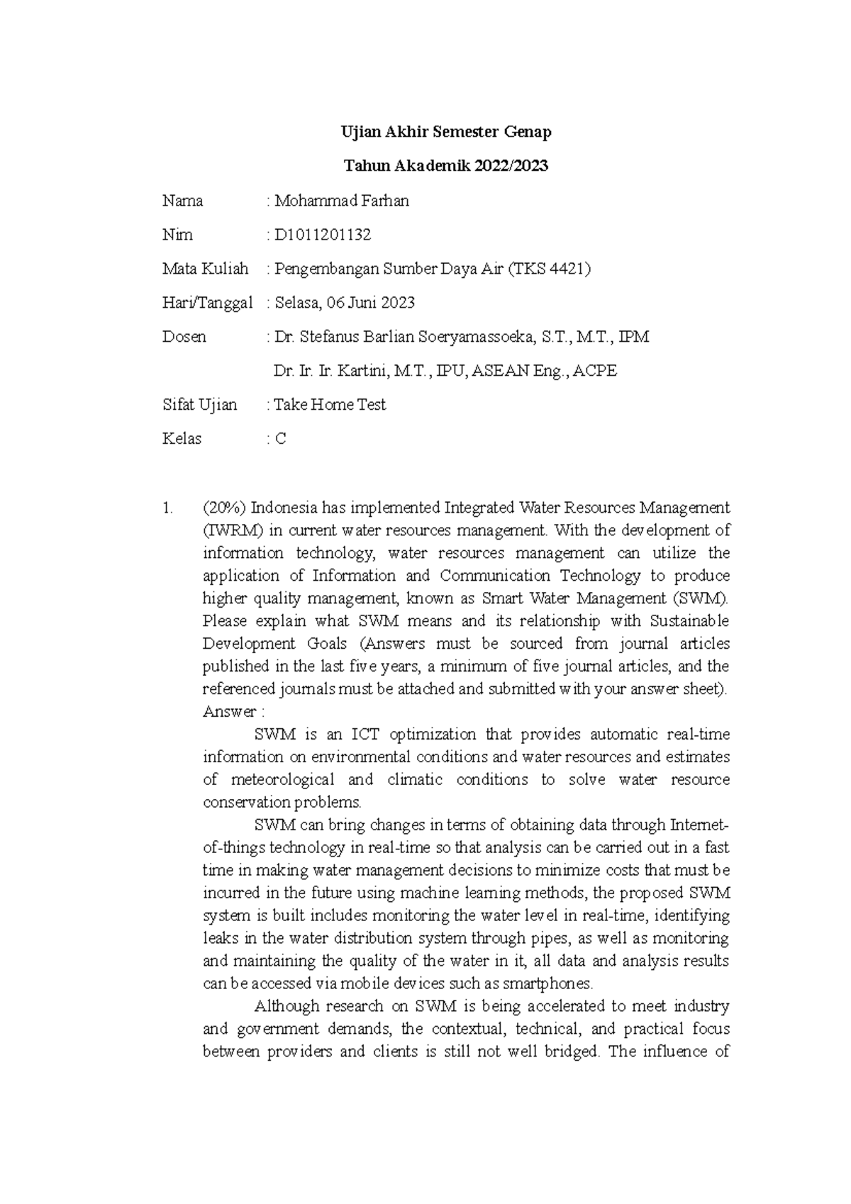 UAS PSDA Diasly Fortunatus - Ujian Akhir Semester Genap Tahun Akademik 2022/ Nama : Mohammad ...