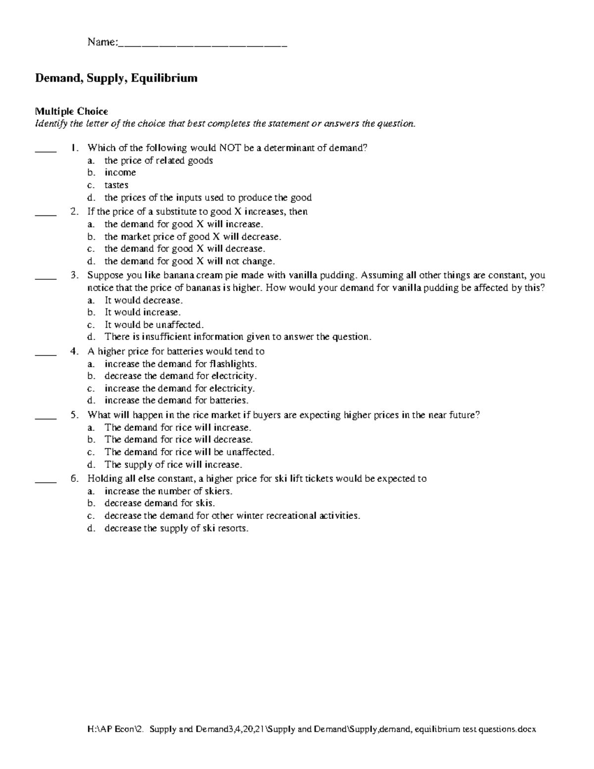Supplydemand equilibrium test questions - Demand, Supply, Equilibrium ...