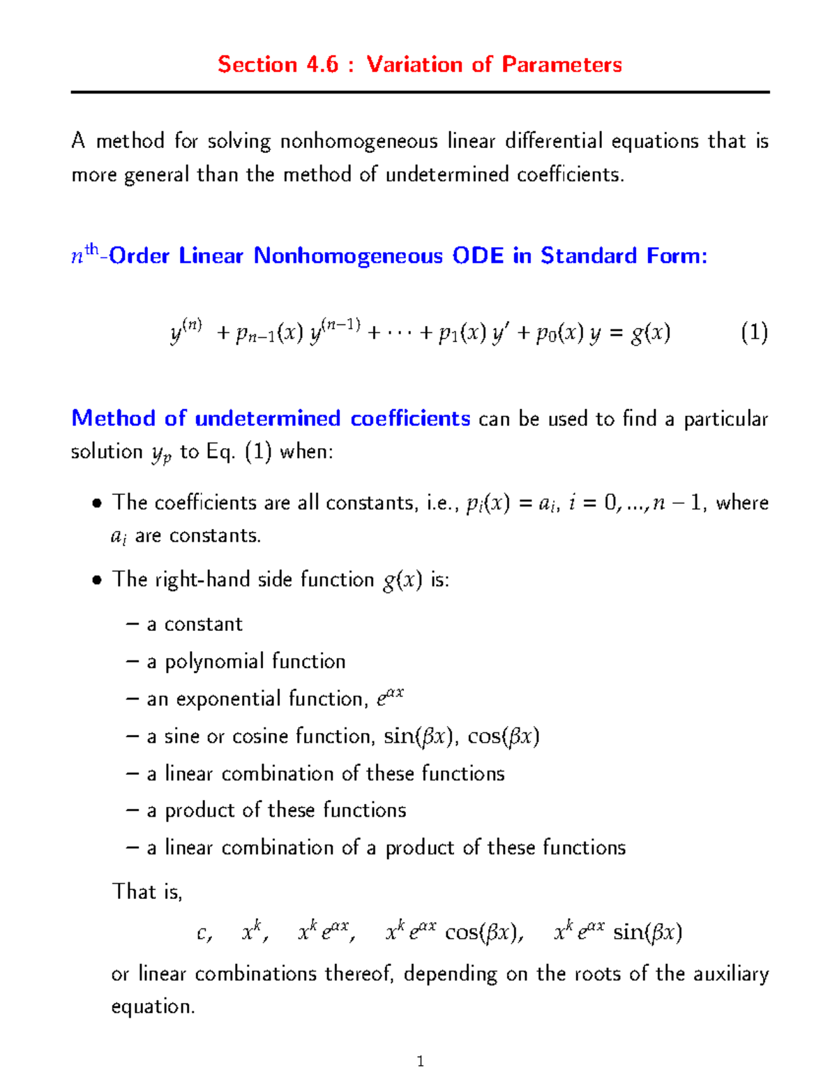 Section 4 - Section 4 : Variation of Parameters A method for solving nonhomogeneous linear - Studocu