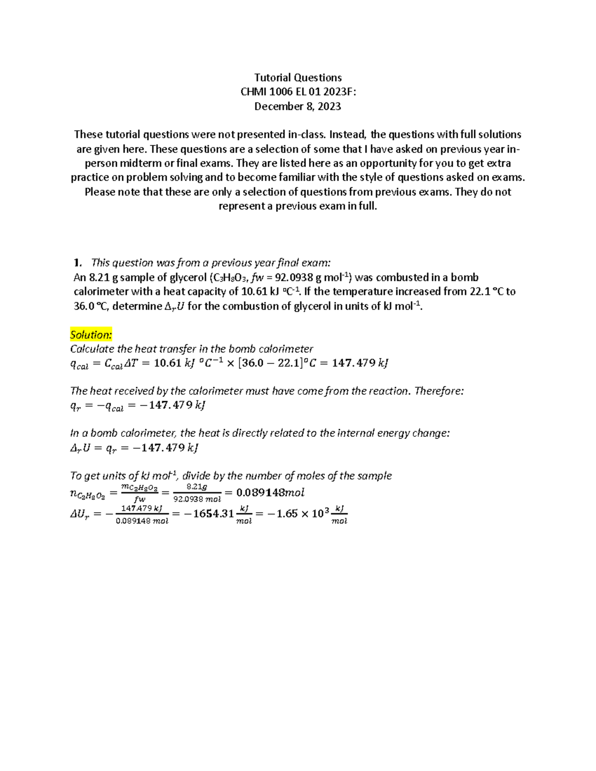 2023 Pre Final Tutorial With Solutions - Tutorial Questions CHMI 1006 EL 01 2023F: December 8 ...