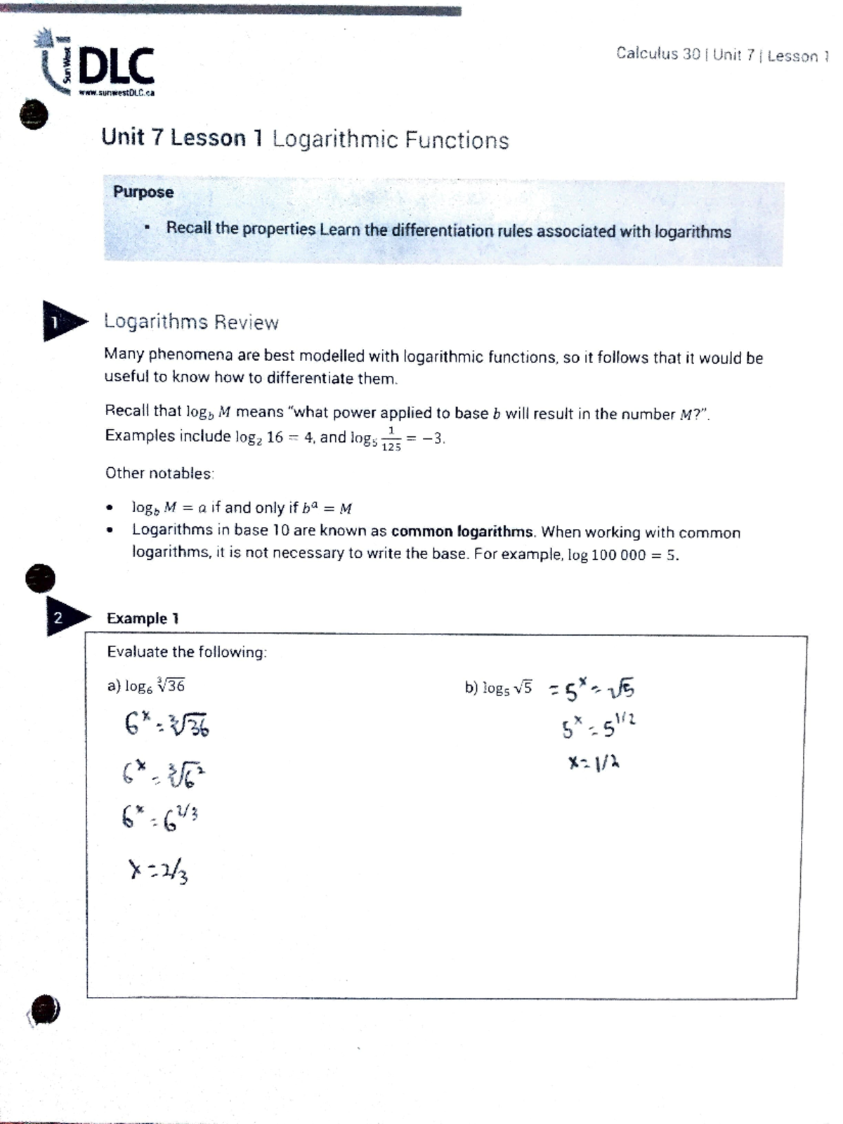 Calculus 30 logarithmic functions - Calculu s 30 I Unit 7 I Lesson 1 ...