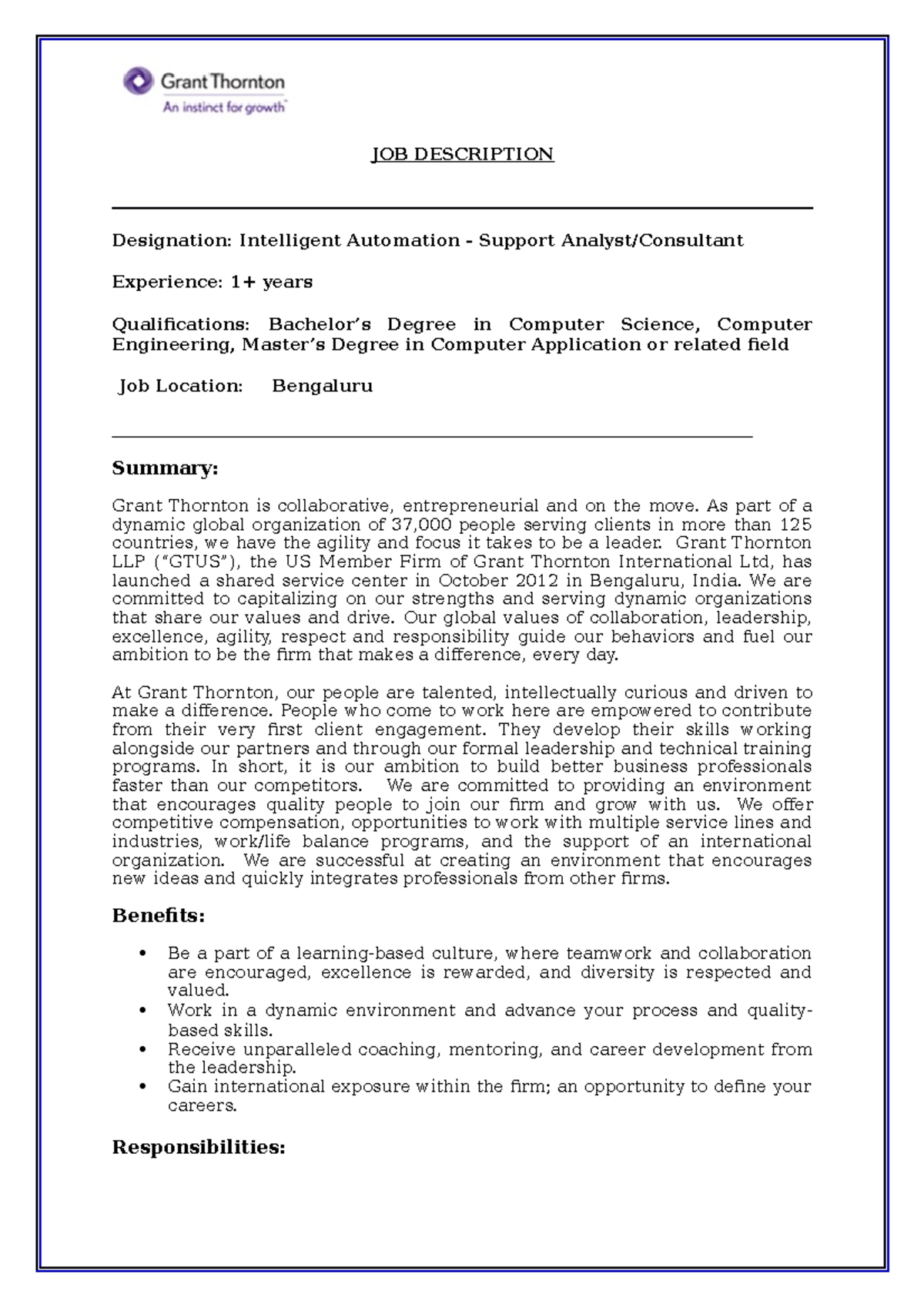 Job Description - Intelligent Automation Support Consultant - JOB ...