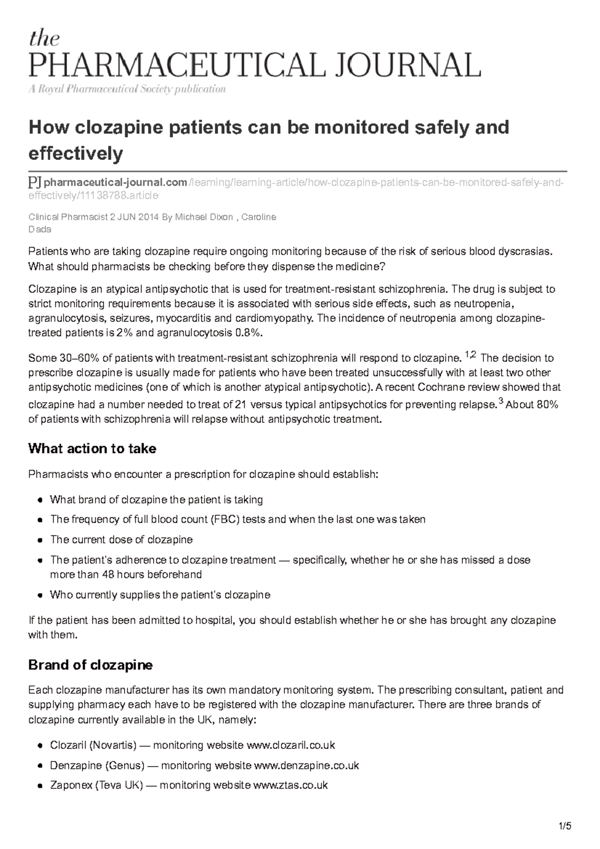 Clozapine - Grade: 75 - How clozapine patients can be monitored safely ...