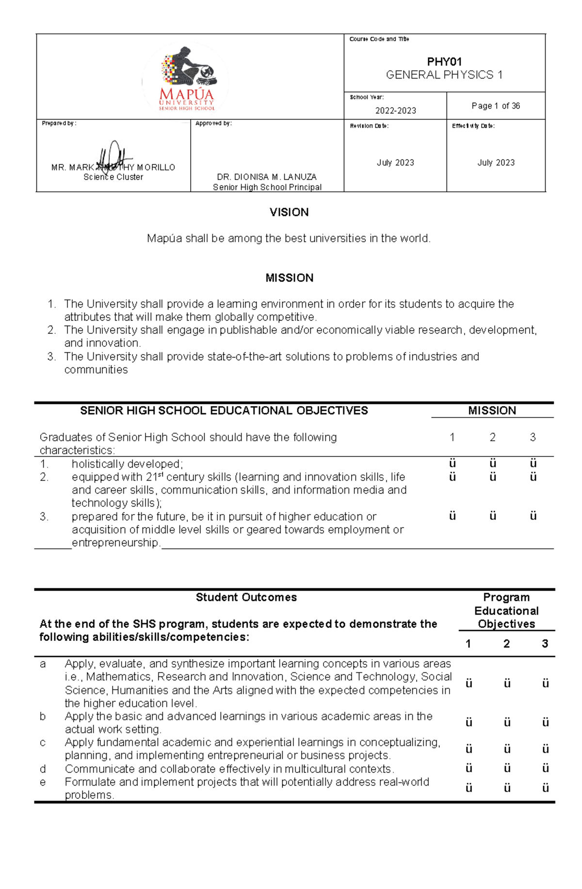 2223 PHY01 Syllabus 2022 - PHY GENERAL PHYSICS 1 School Year: Page 1 of ...