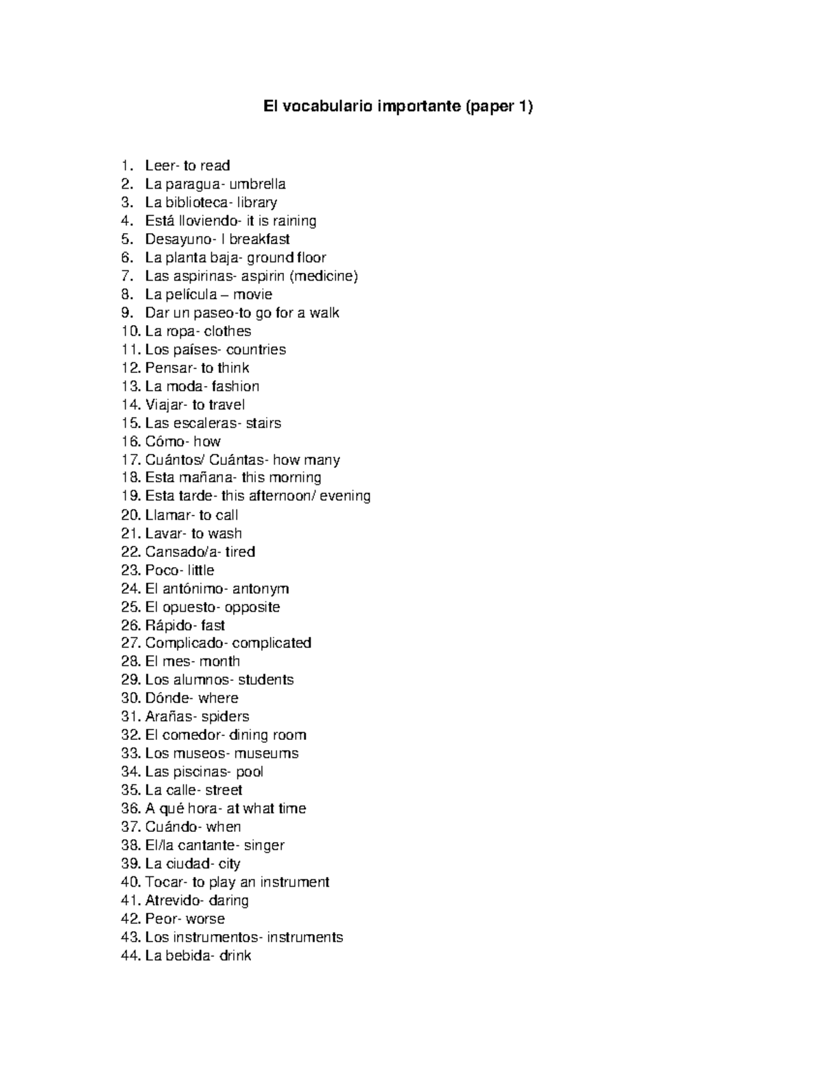 El vocabulario importante para el examen (paper 1) - El vocabulario ...