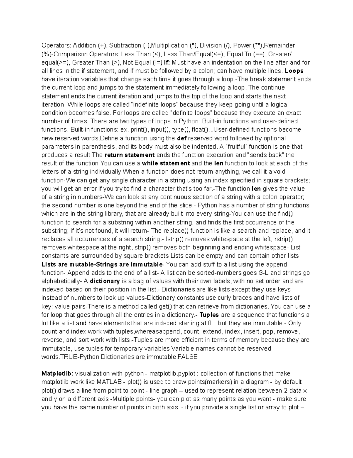 CQS 311 Final Cheat Sheet - Operators: Addition (+), Subtraction (-),Multiplication ...
