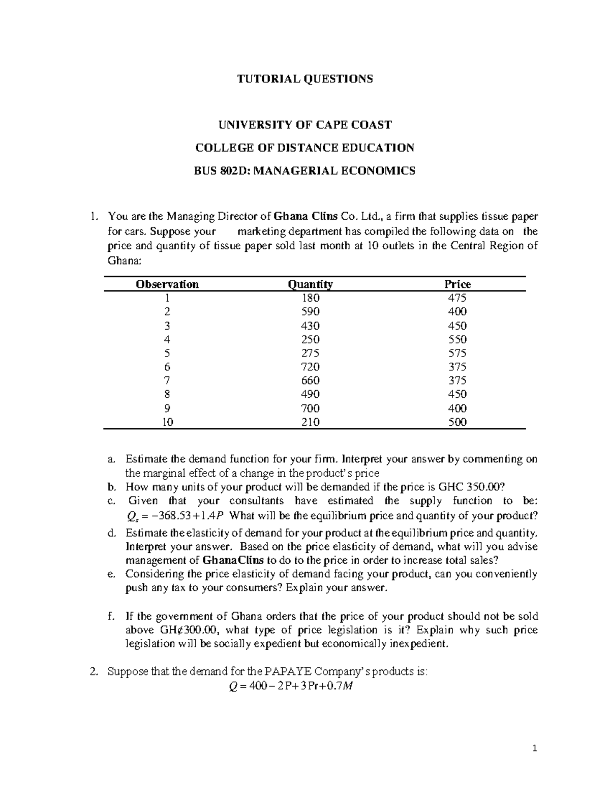 Tutorial Questions for Managerial Economics 2021+2022 - TUTORIAL ...