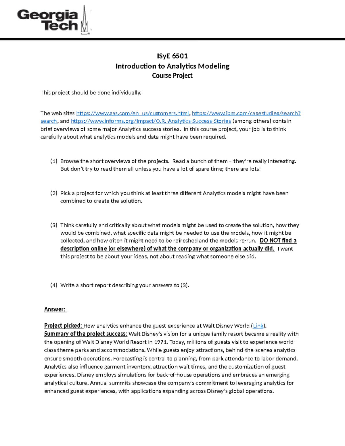 Solution Project Introduction To Analytics Modeling Course Project This Project Should Be
