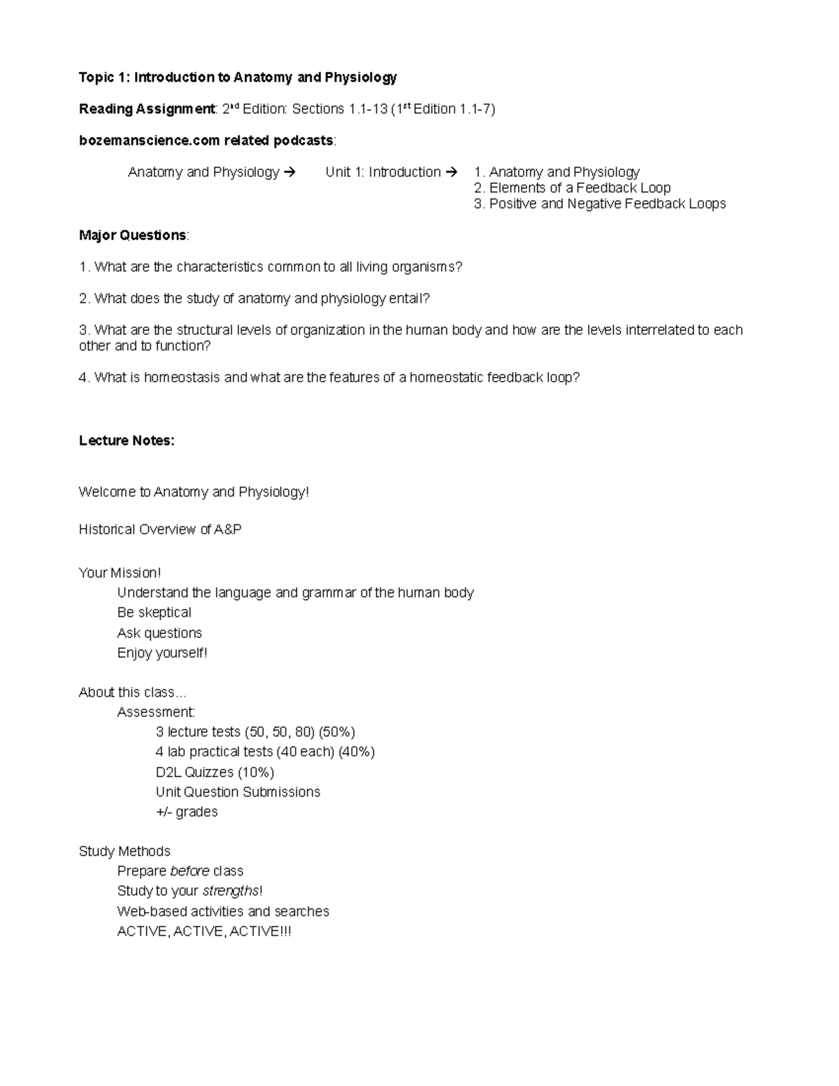 1 Intro To Anatomy Physiology Topic 1 Introduction To Anatomy And