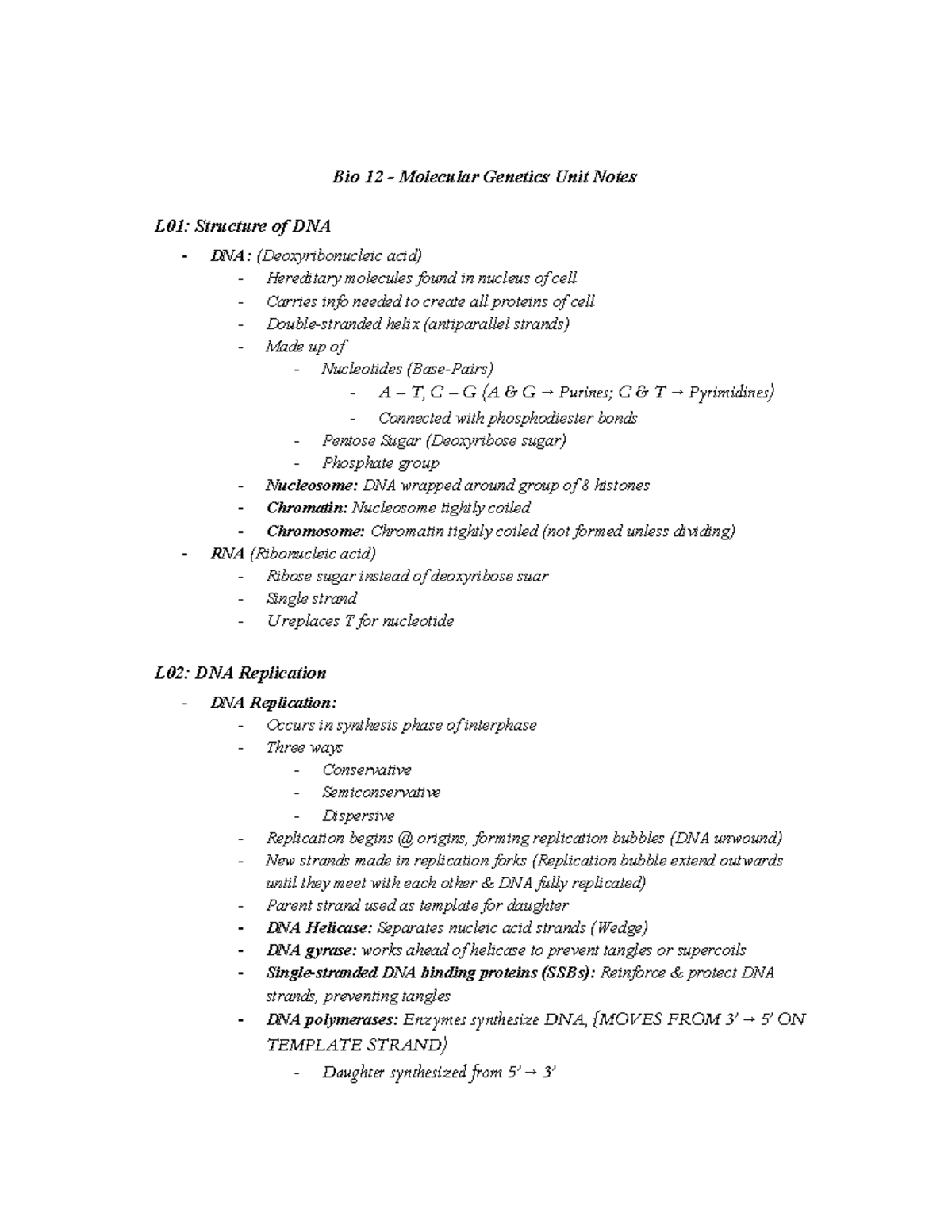 Bio 12 - Molecular Genetics Unit Notes - RNA primer → DNA Polymerase ...
