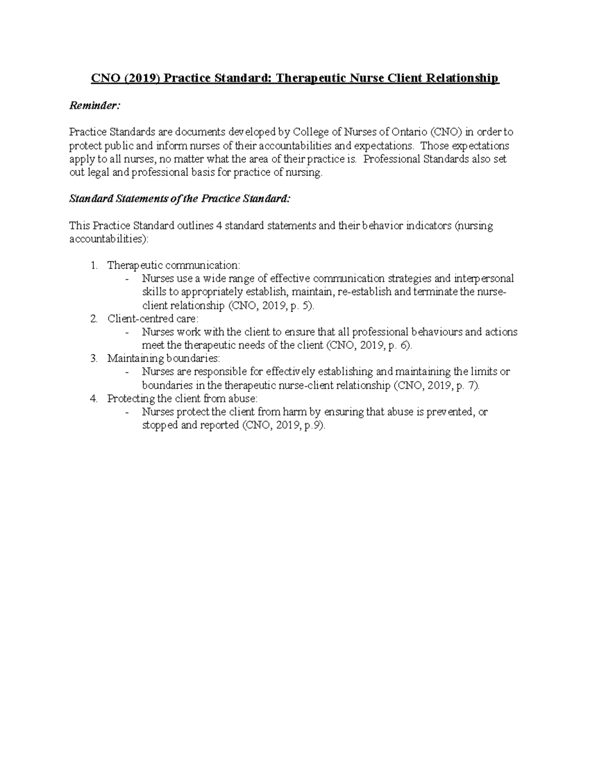 CNO (2019 ) Practice Standard - Therapeutic Nurse Client Relationship ...
