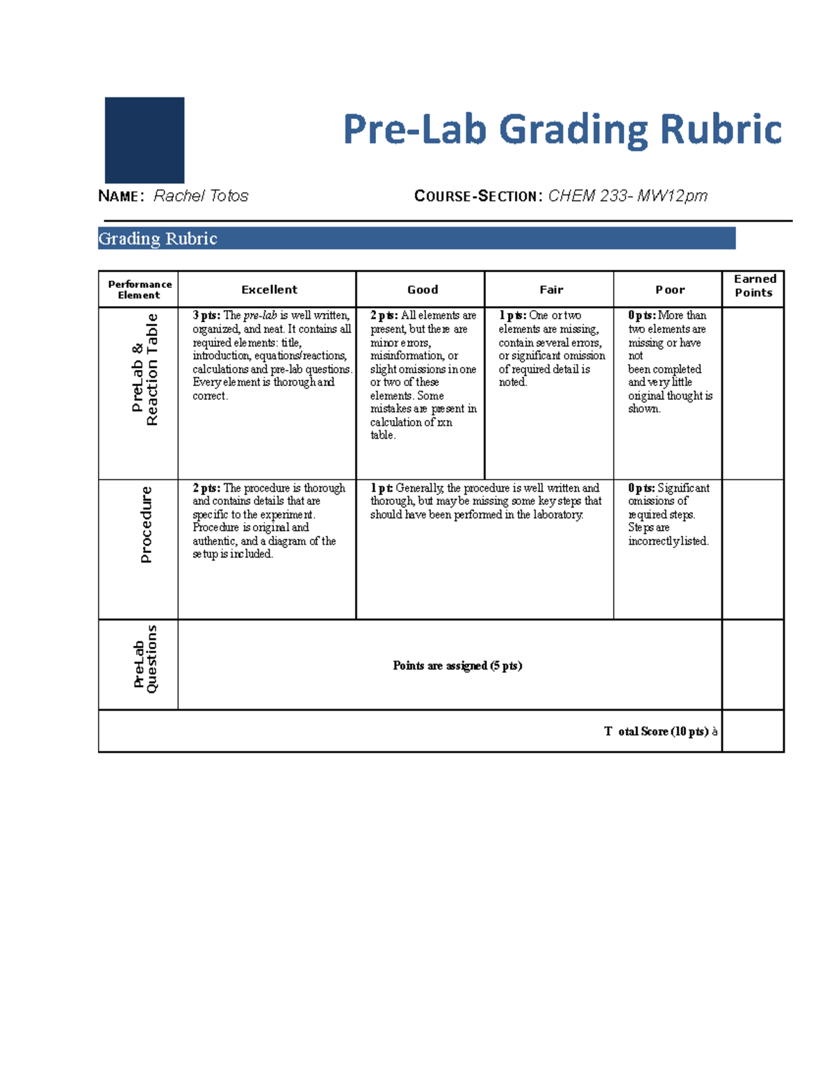 Pre Lab 3- Steam Distillation of Carvone - Pre-Lab Grading Rubric NAME ...