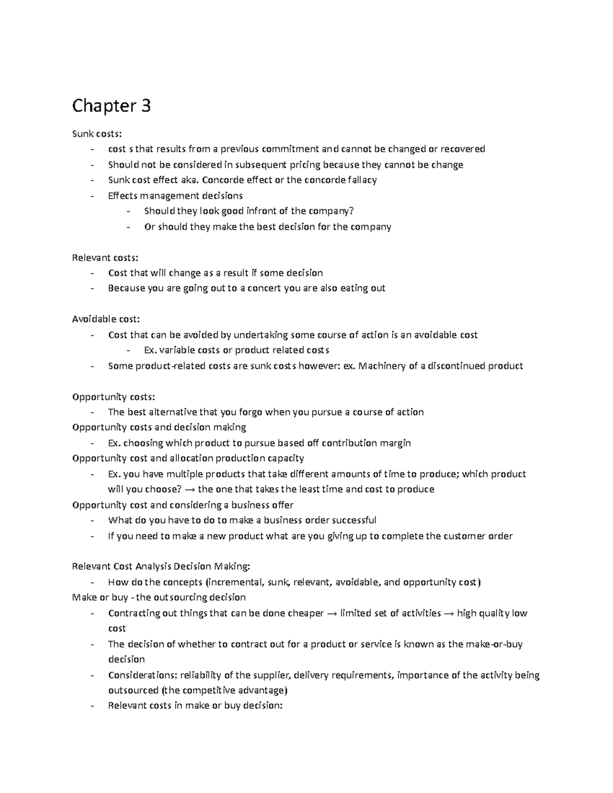 BU247 Notes - Text Book - textbook chapter 3 - Chapter 3 Sunk costs ...