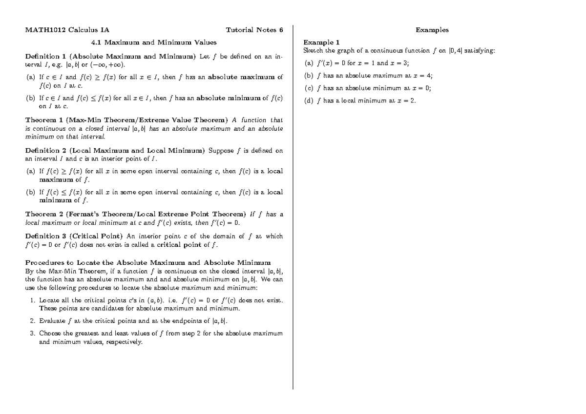 TN06 - Dave Au - MATH1012 Calculus IA Tutorial Notes 6 4 Maximum and ...