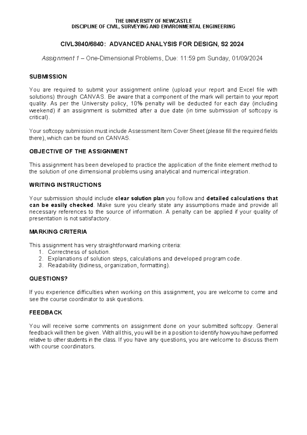 CIVL3840 2024 Assignment 1 - THE UNIVERSITY OF NEWCASTLE DISCIPLINE OF CIVIL, SURVEYING AND ...