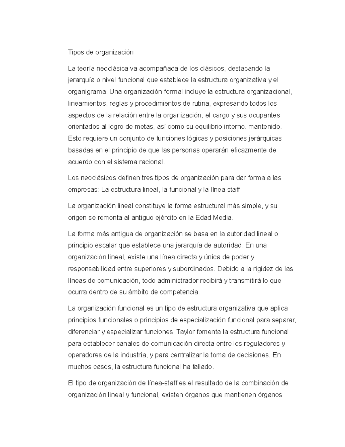 Administracion ev2 - es la evidencia 2 - Tipos de organización La teoría neoclásica va ...