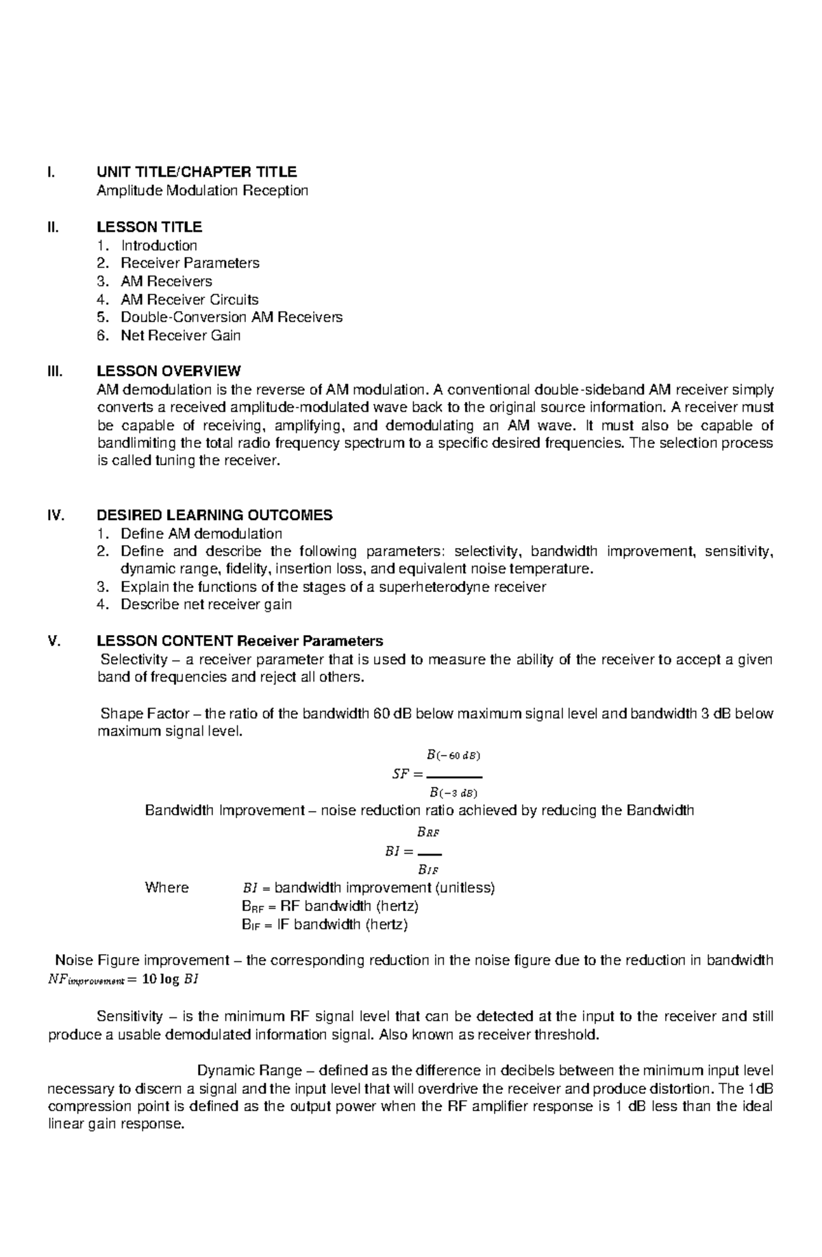 Principles of Communication - Lesson 4 - I. UNIT TITLE/CHAPTER TITLE Amplitude Modulation ...