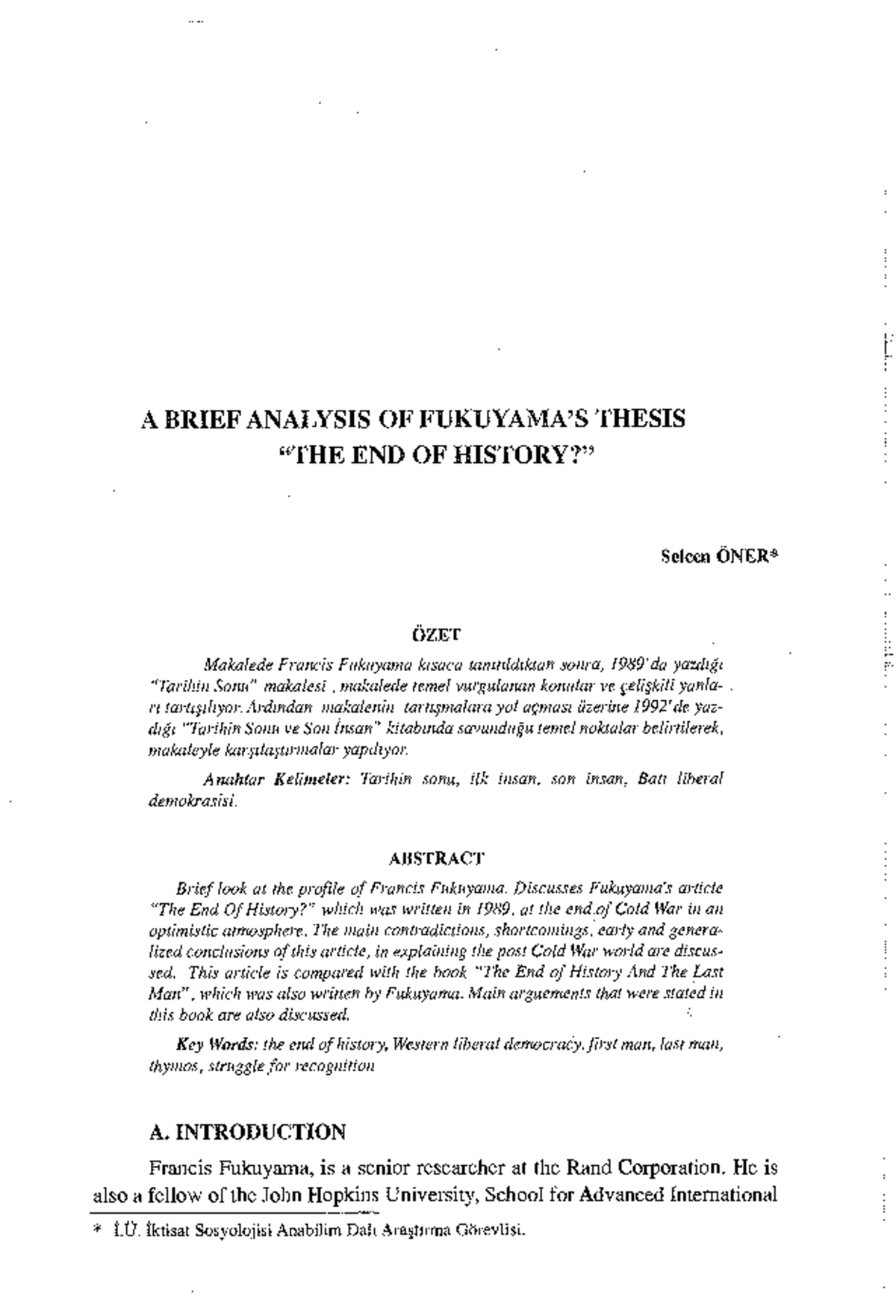 A Brief Analysis of Fukuyama's Thesis ''The End Of History [#118847 ...