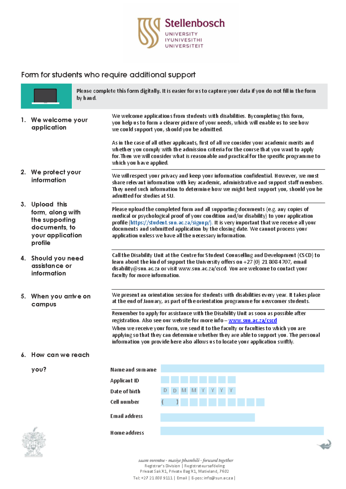 Student support form. stellies - Registrar’s Division ...