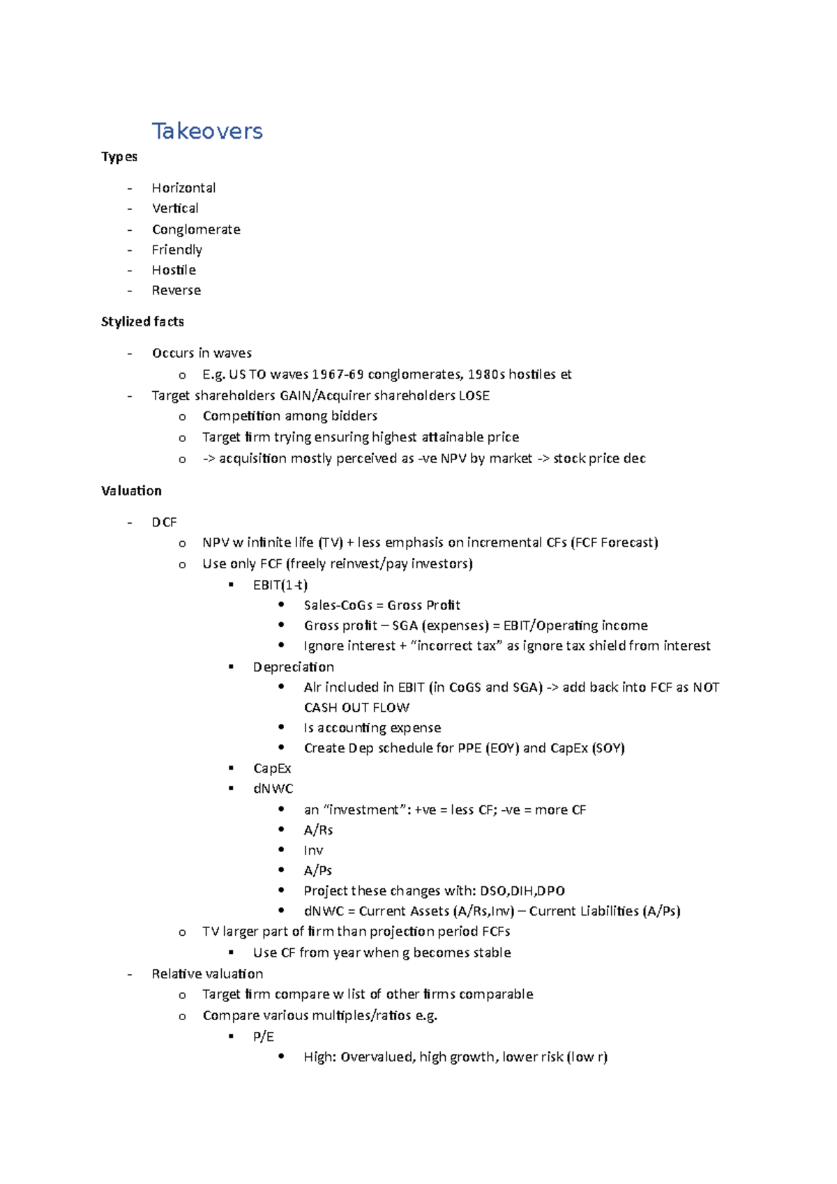 MST summary notes - Takeovers Types Horizontal Vertical Conglomerate ...