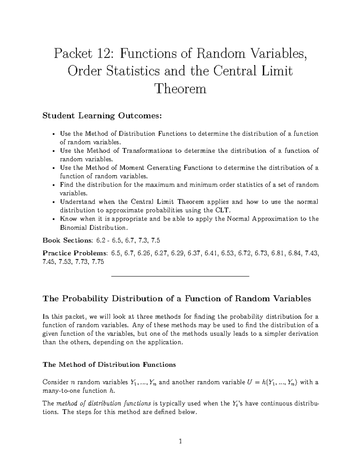 Packet 12 Lecture Notes 12 Packet 12 Functions Of Random Variables Order Statistics And