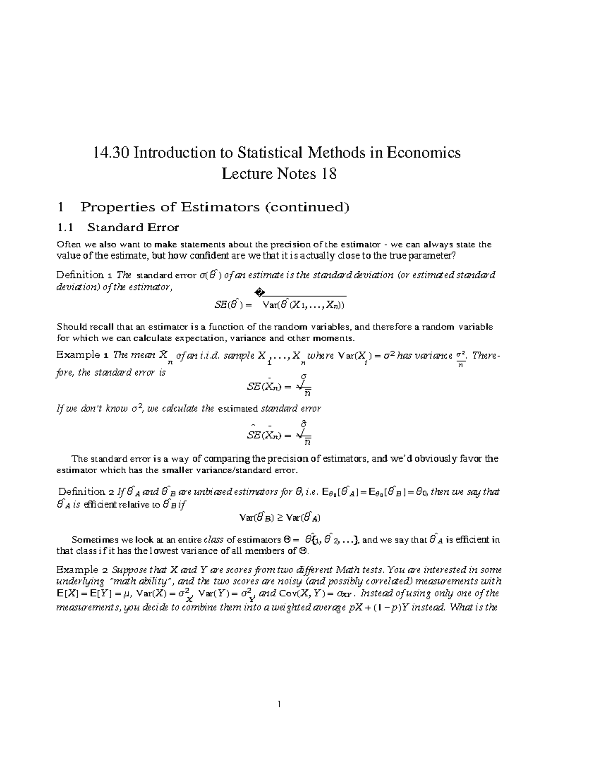 Constructing Estimators { } 14 Introduction To Statistical Methods In