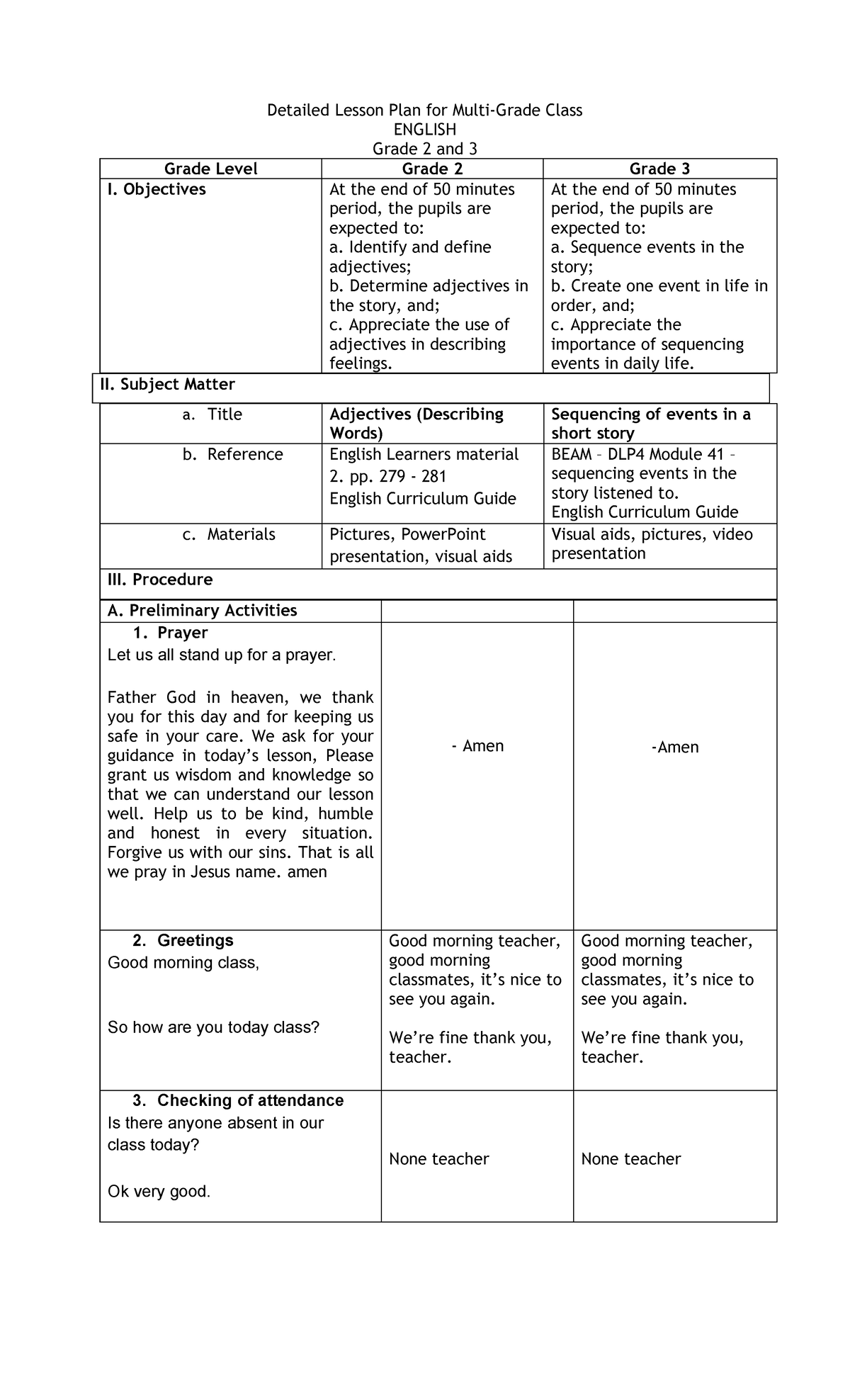 Multi Grade Lesson PLAN - Detailed Lesson Plan for Multi-Grade Class ...