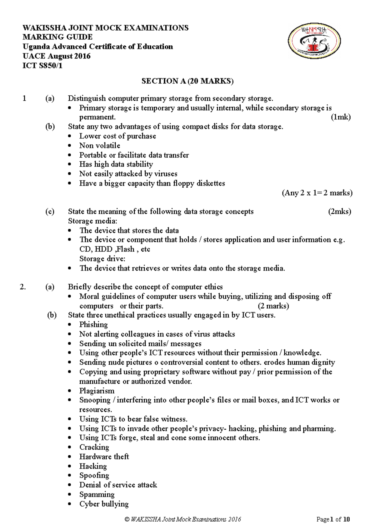 ICT TEACHING GUIDE - WAKISSHA JOINT MOCK EXAMINATIONS MARKING GUIDE ...
