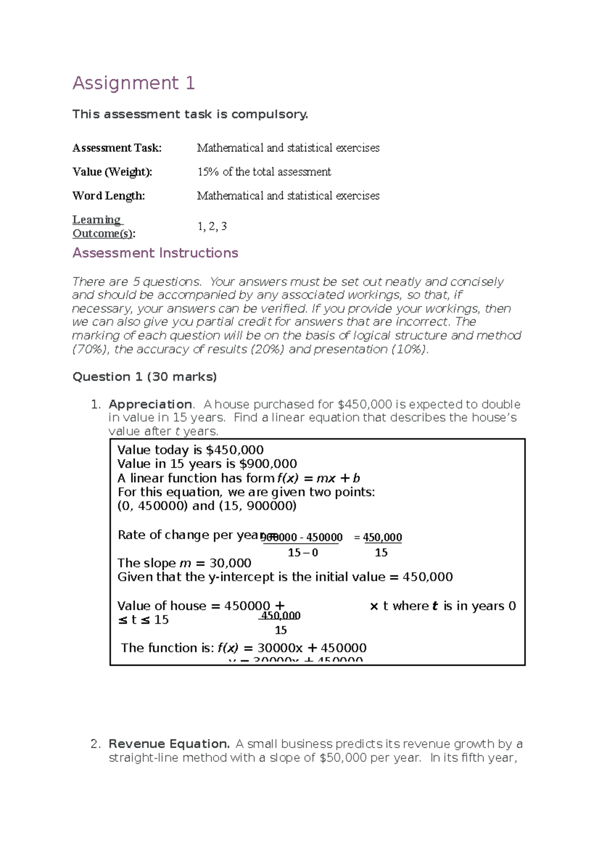Assignment 1 - Mathematical and statistical exercises - Assignment 1 ...