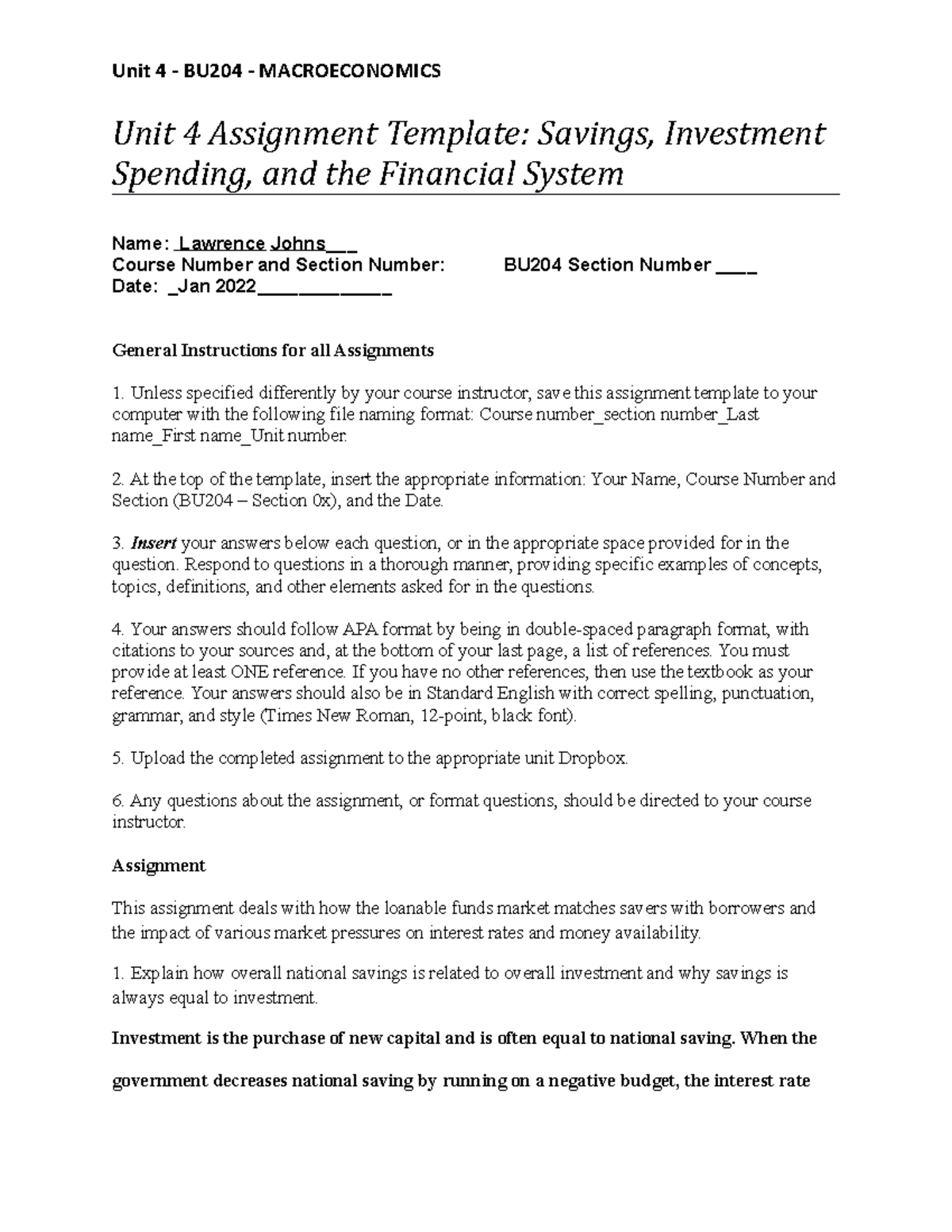 Bu204 Unit4 Assignment Template Unit 4 Assignment Template Savings Investment Spending And