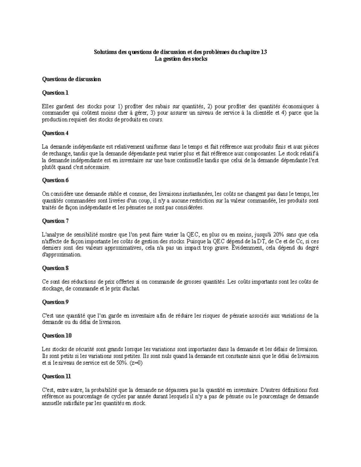 Chap 13 Stocks cours 10 & 11 - Solutions des questions de discussion et ...