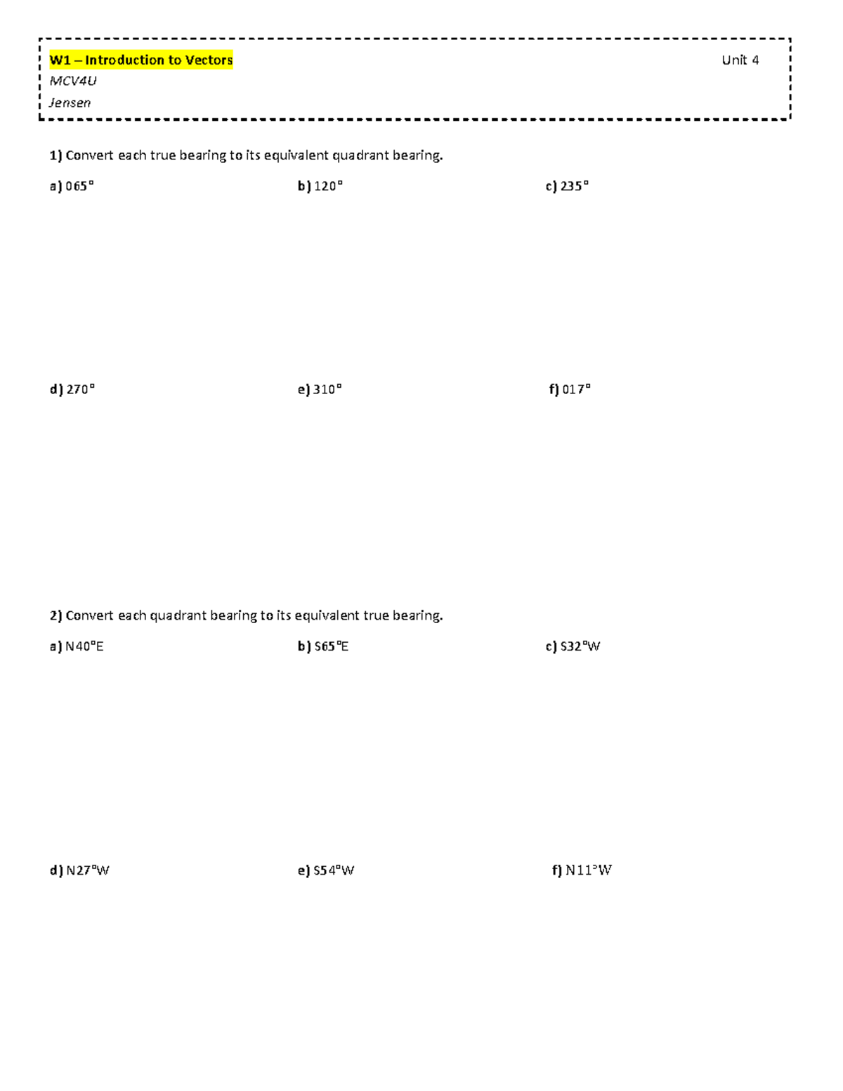 Hw1s+-+intro+to+vectors - W 1 – Introduction to Vectors Unit 4 MCV4U ...