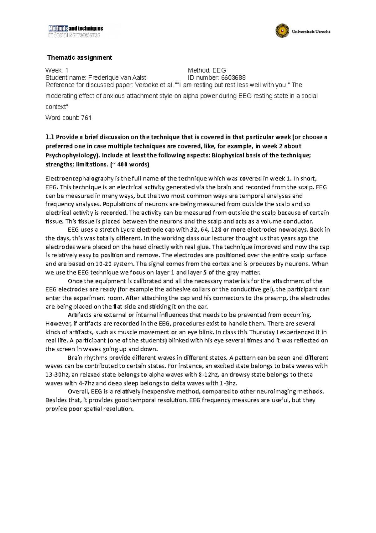 Thematic Assignment Week 1 - EEG - Thematic assignment Week: 1 Method ...